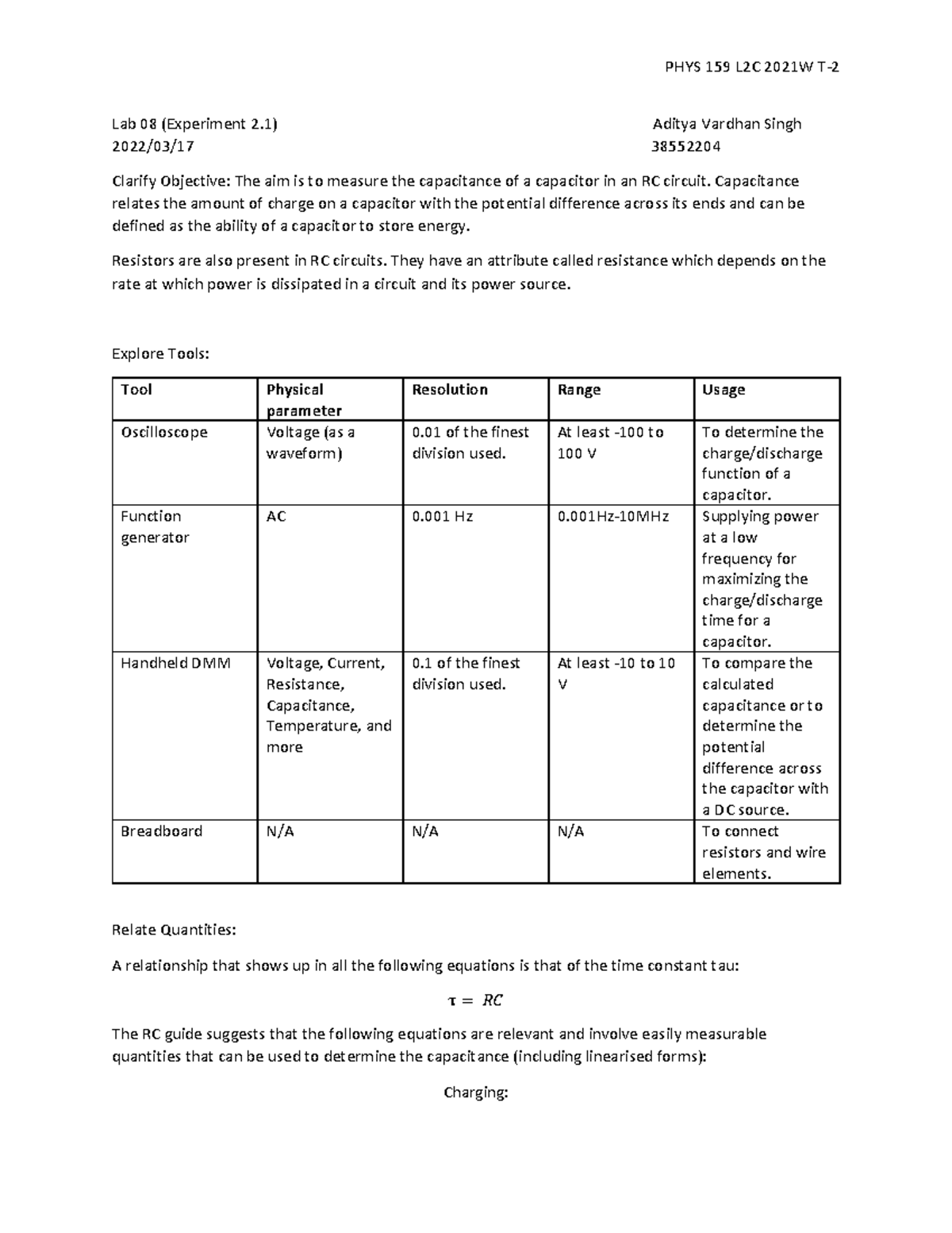 Lab 08 Oscilloscope experiment. First year physics. - Lab 0 8 (Experiment 2) Aditya Vardhan ...