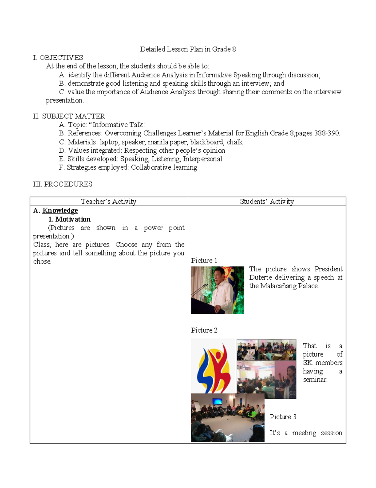 LP Informative Talk Grade 8 - Detailed Lesson Plan in Grade 8 I ...
