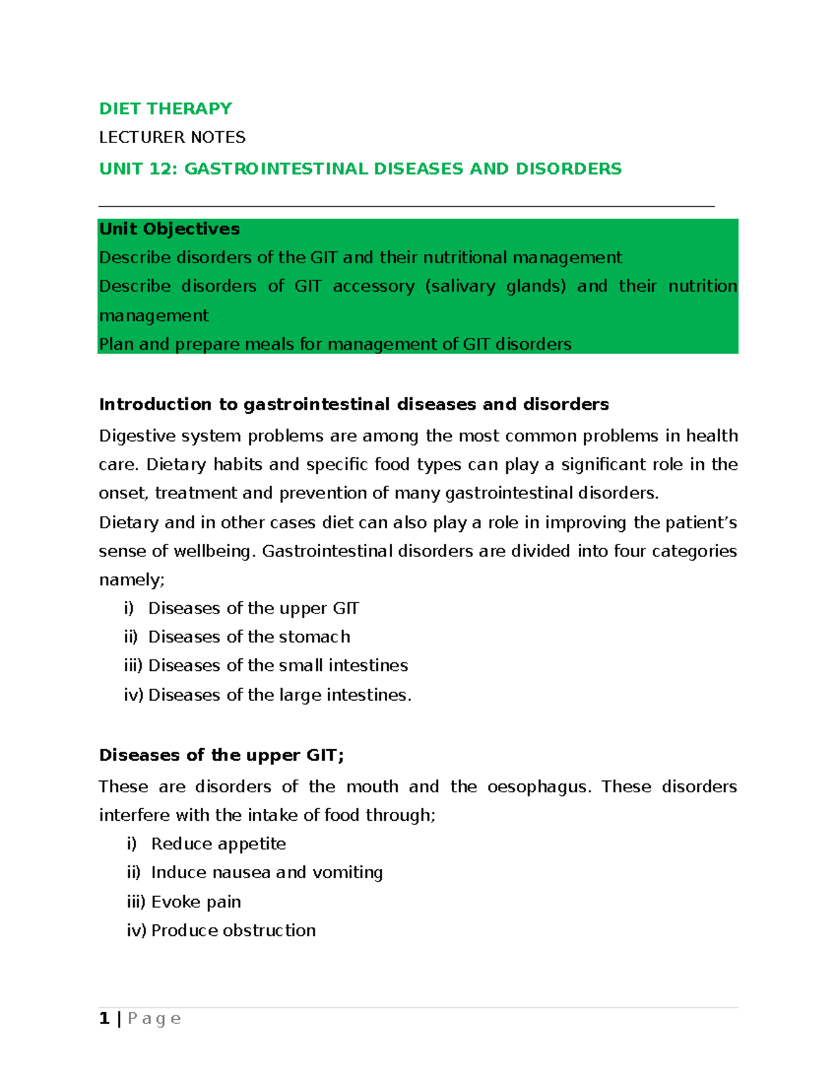 DIET Therapy UNIT 12 GIT - DIET THERAPY LECTURER NOTES UNIT 12 ...