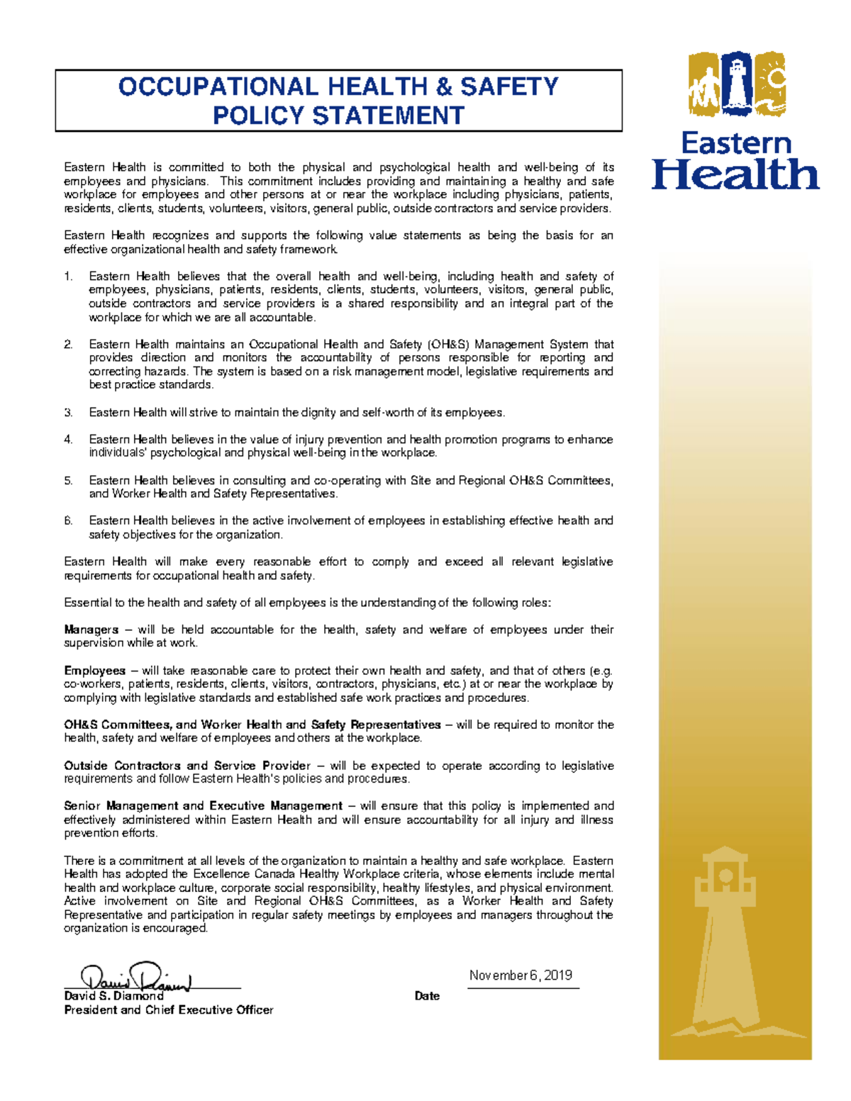 OHS Policy Statement Example - OCCUPATIONAL HEALTH & SAFETY POLICY STATEMENT Eastern Health is ...