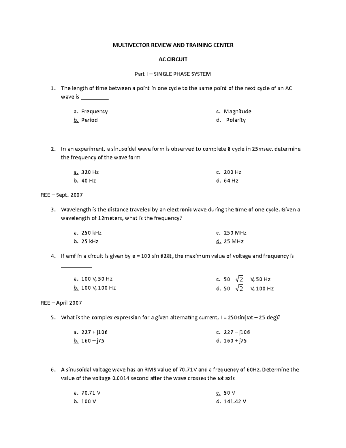 Alternating Current Test Problems Exercises - MULTIVECTOR REVIEW AND ...
