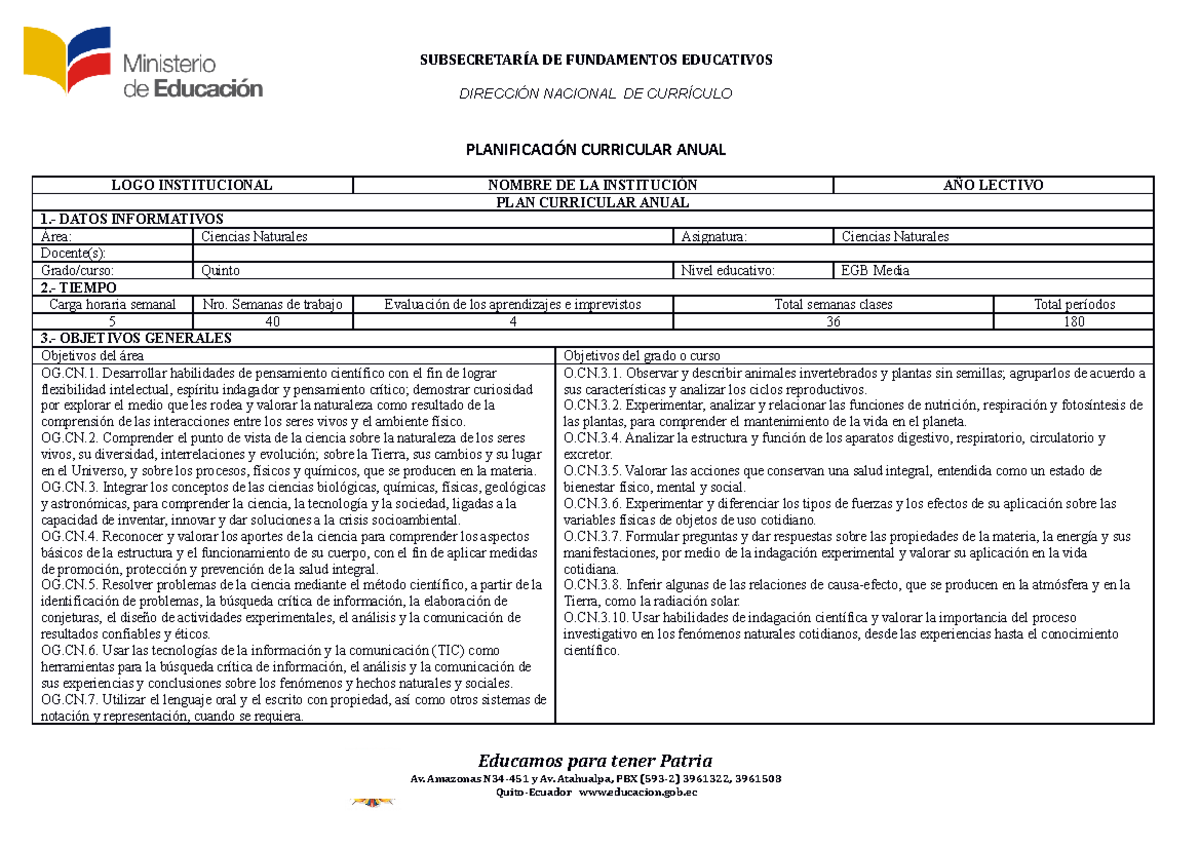 PLAN CURRICULAR ANUAL -CIENCIAS NATURALES 5 - DIRECCIÓN NACIONAL DE ...