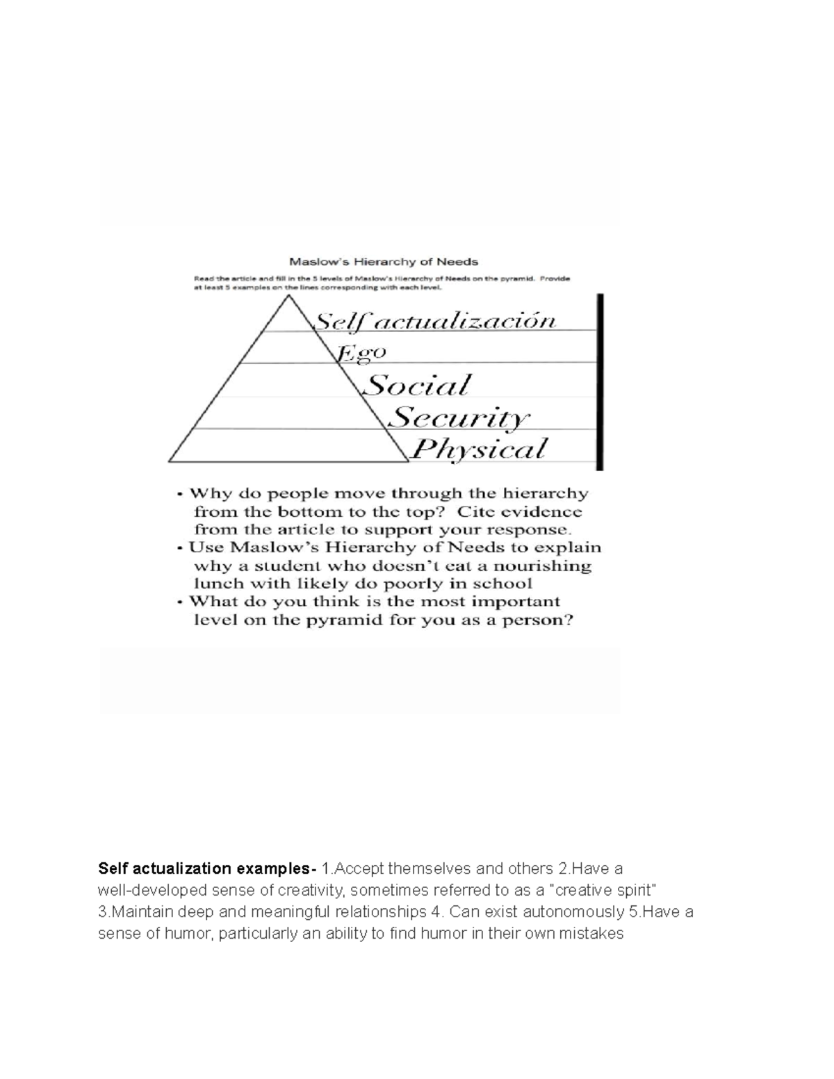 Maslow's hierarchy of needs - Self actualization examples- 1 themselves and others 2 a - Studocu