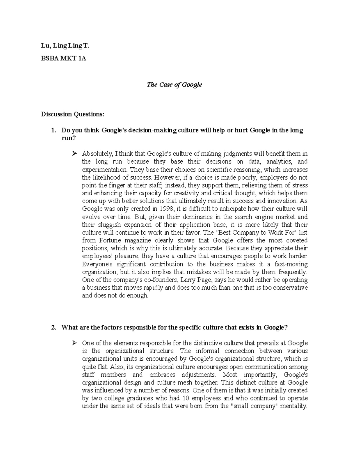 case study of Google - Lu, Ling Ling T. BSBA MKT 1A The Case of Google ...