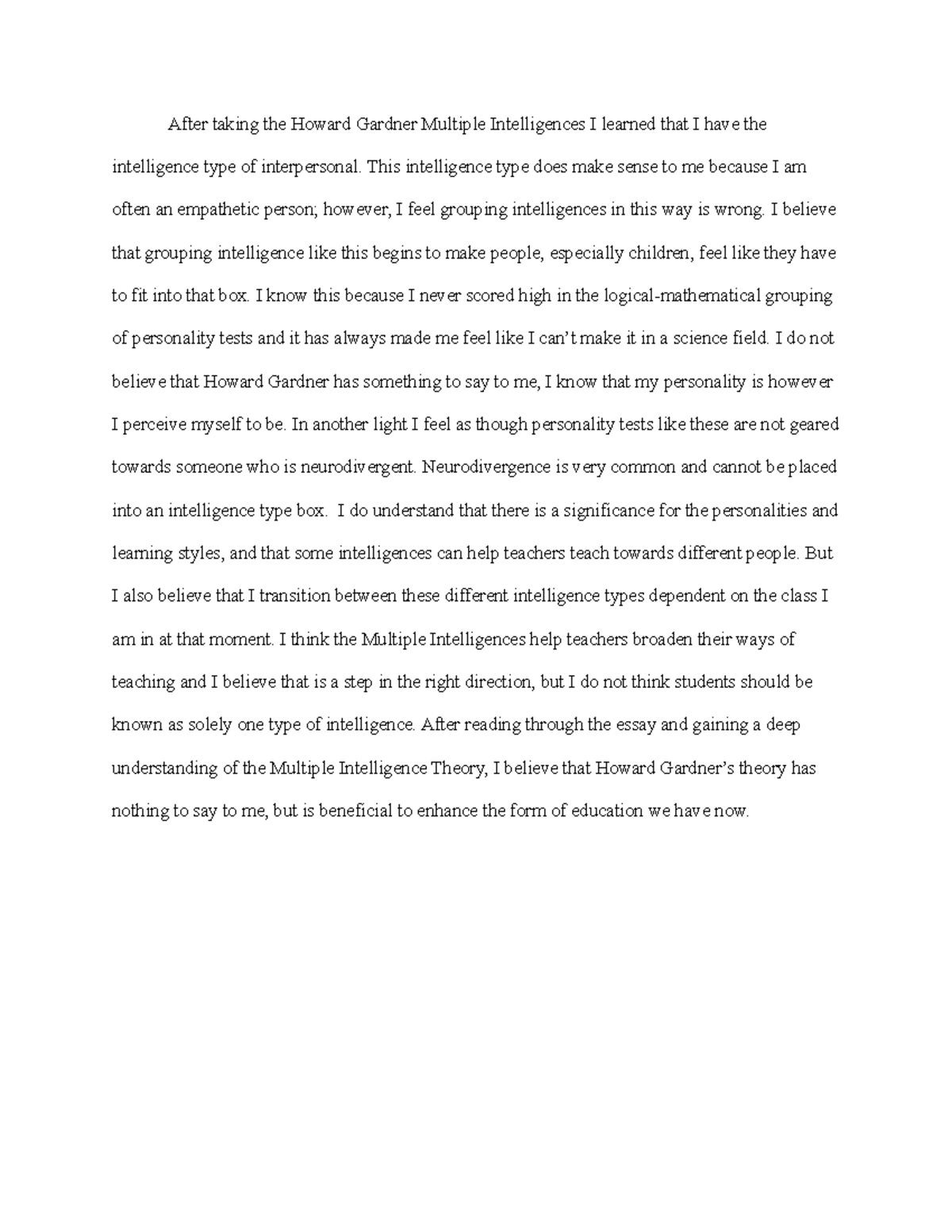 Multiple Intelligences Reflection - After taking the Howard Gardner ...