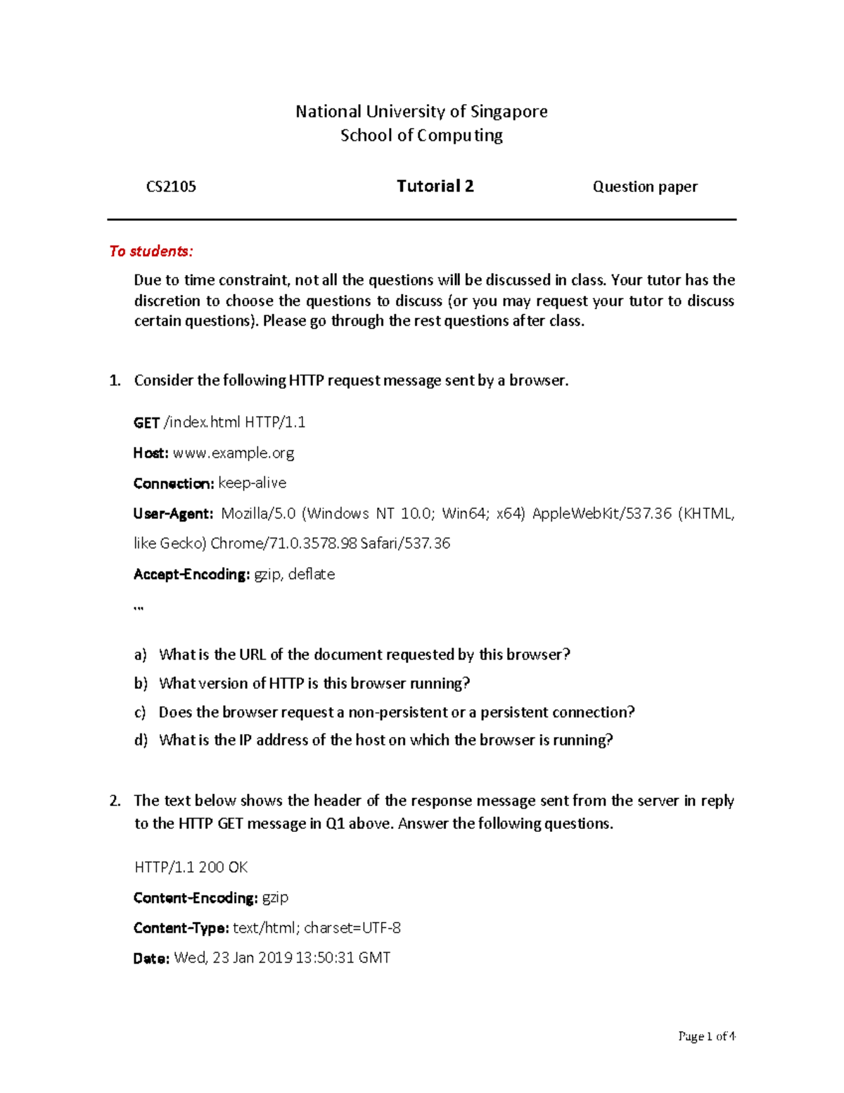 Tutorial 2 - National University of Singapore School of Computing CS2105 Tutorial 2 Question ...