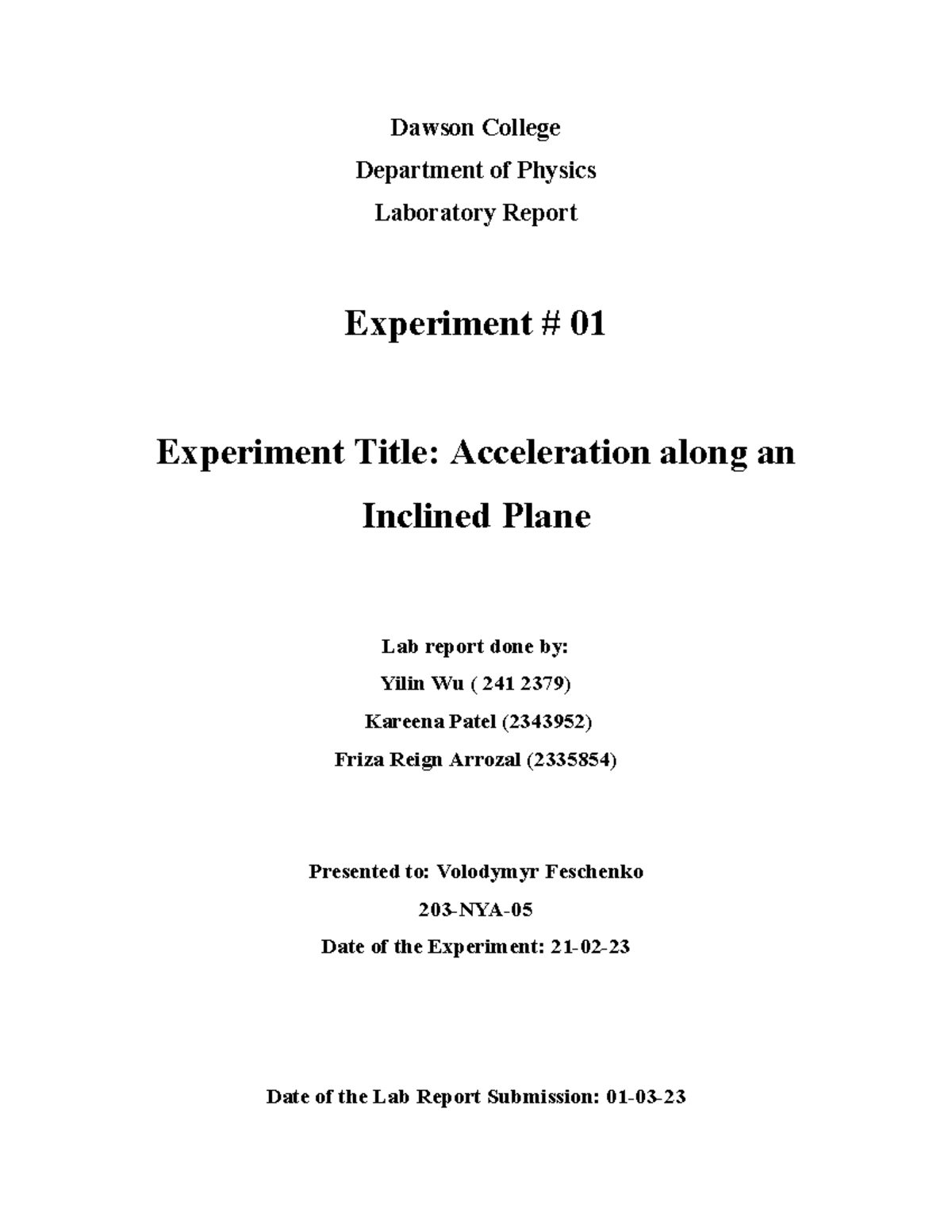 Acceleration along an Inclined Plane , mechanics ( lab 1) - Dawson ...