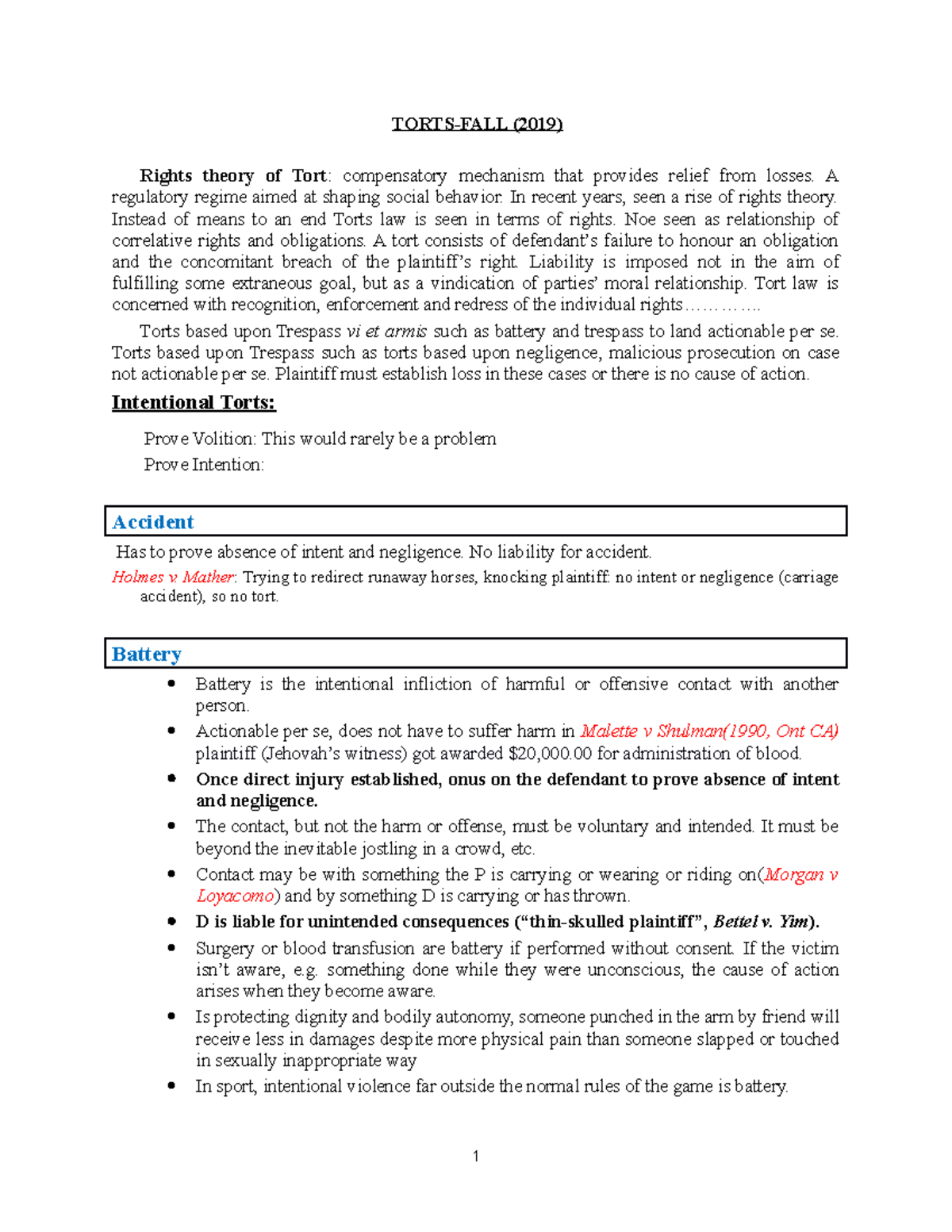 Torts Cases #1 - TORTS-FALL (2019) Rights theory of Tort: compensatory ...