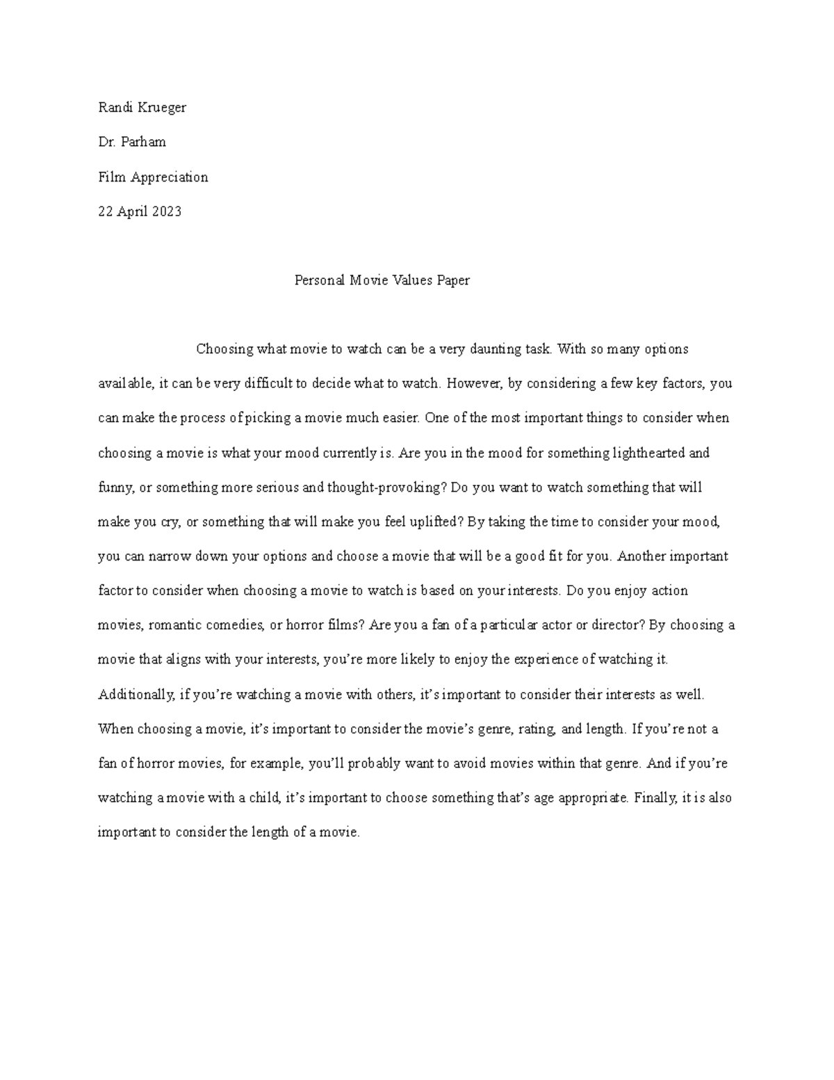 Personal movie values paper-2 - Randi Krueger Dr. Parham Film ...