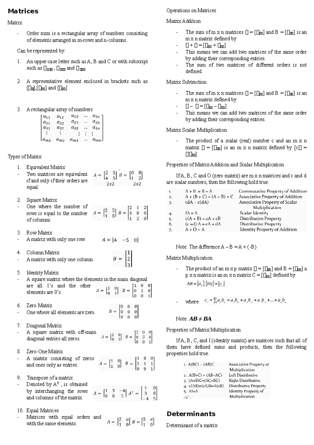 MATH158 Module 3 Notes - Matrices Matrix Order mxn is a rectangular ...