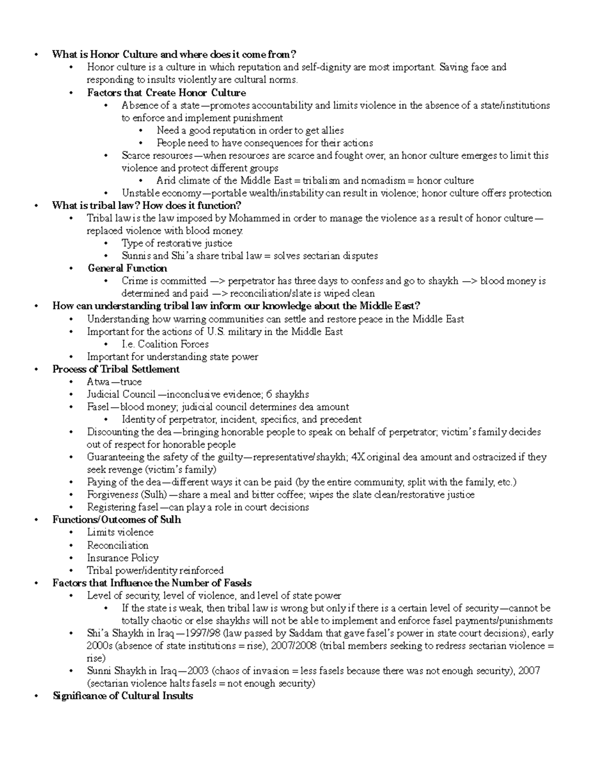 Unit 2 Study Guide - • • • • • • • What is Honor Culture and where does ...