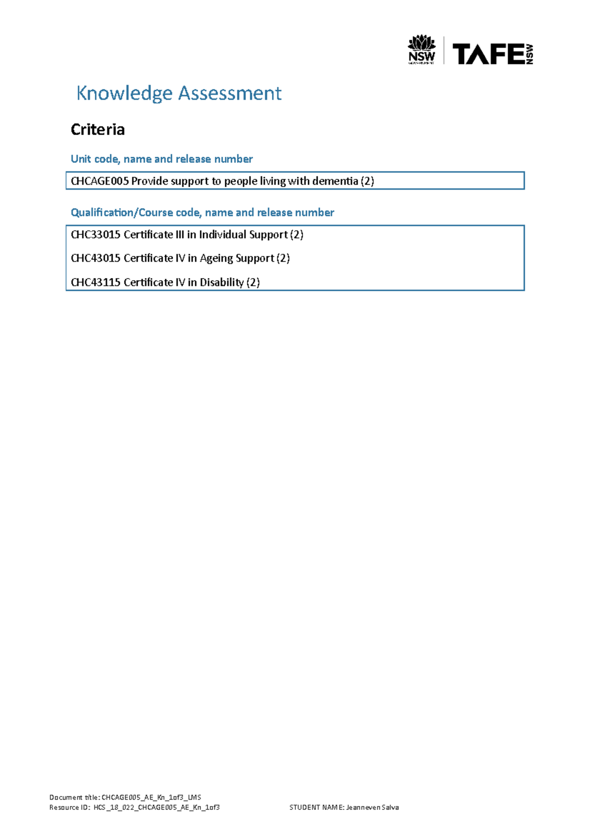 Dementia Final Task 1 - Assessment Task - Knowledge Assessment Criteria ...