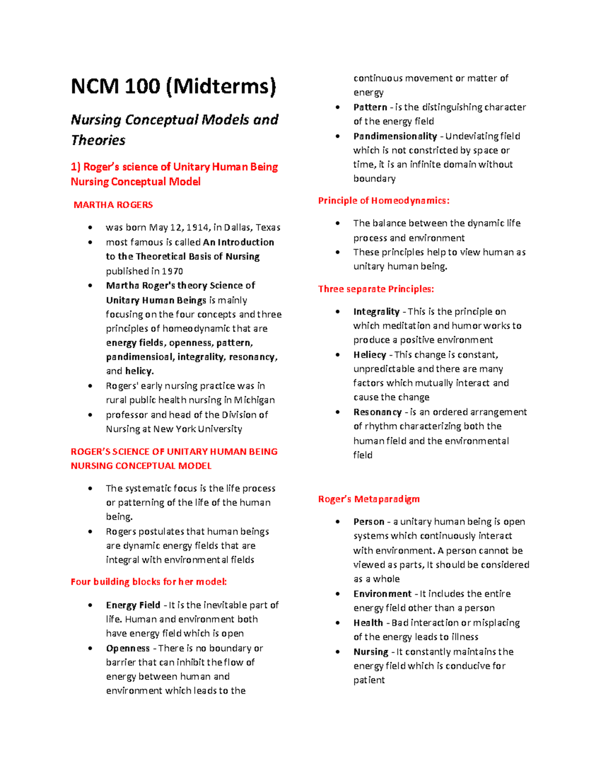 NCM-Reviewer-Midterms - NCM 100 (Midterms) Nursing Conceptual Models and Theories 1) Roger’s ...