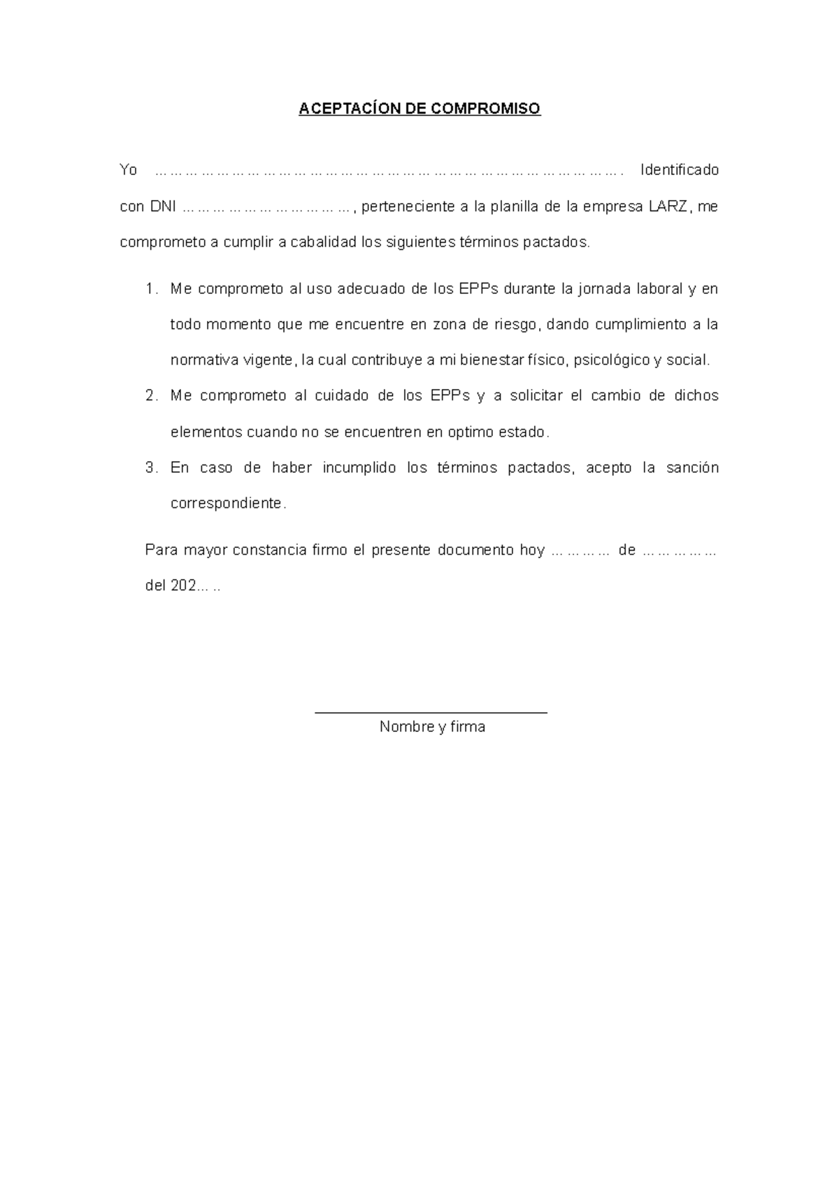 Aceptacíon DE Compromiso - ACEPTACÍON DE COMPROMISO Yo - Studocu