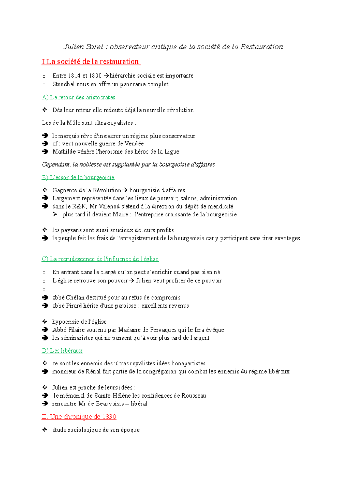 Julien Sorel observateur critique de la société de la Restauration ...