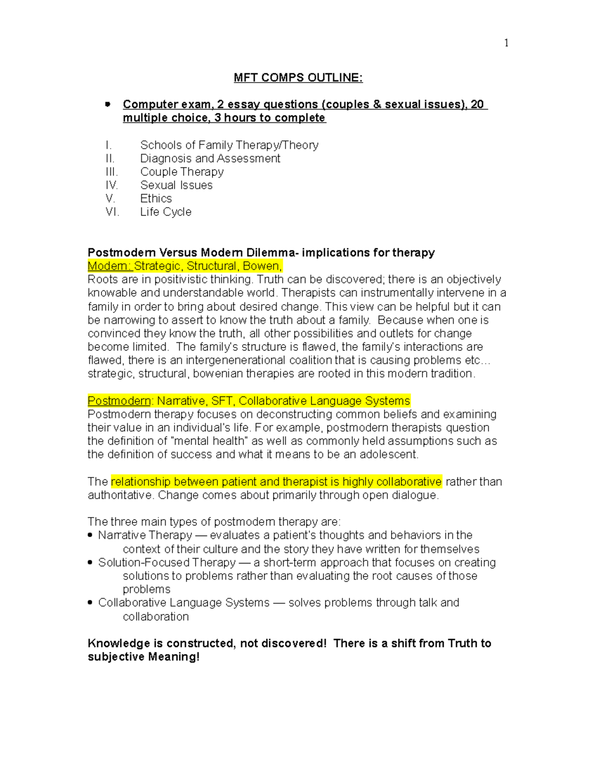 Comps Review 2 - MFT COMPS OUTLINE: Computer exam, 2 essay questions ...