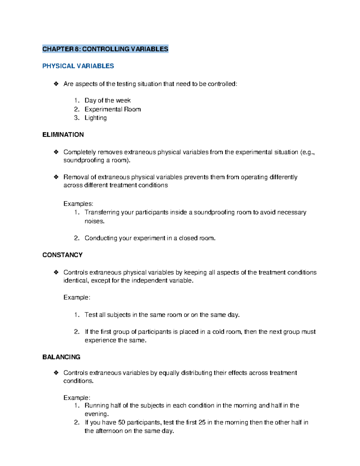 EXPE Midterms Chap 8 10 - CHAPTER 8: CONTROLLING VARIABLES PHYSICAL ...