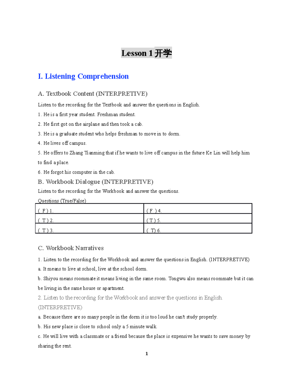 CHIN 331 Chinese Lesson 1 Workbook Answers - 333 - UBC - Studocu