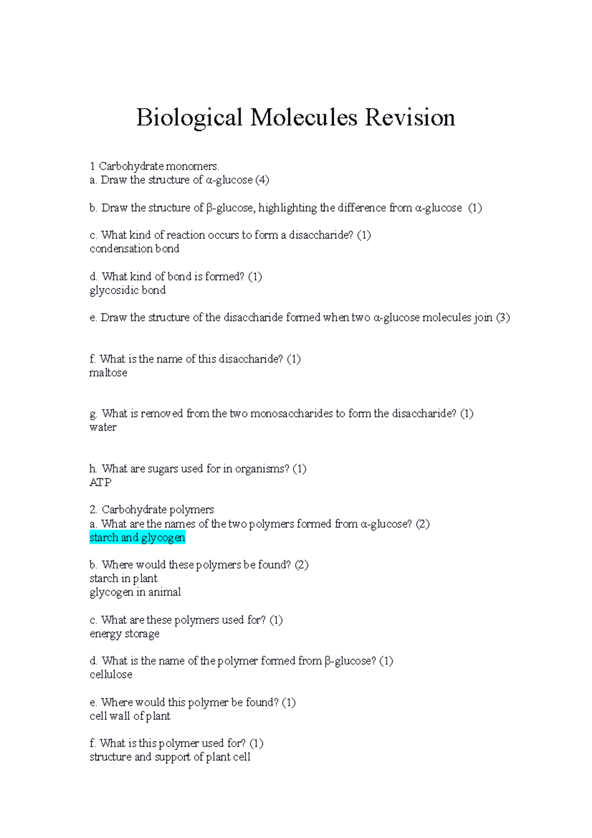 Biological molecules revision - Biological Molecules Revision 1 ...