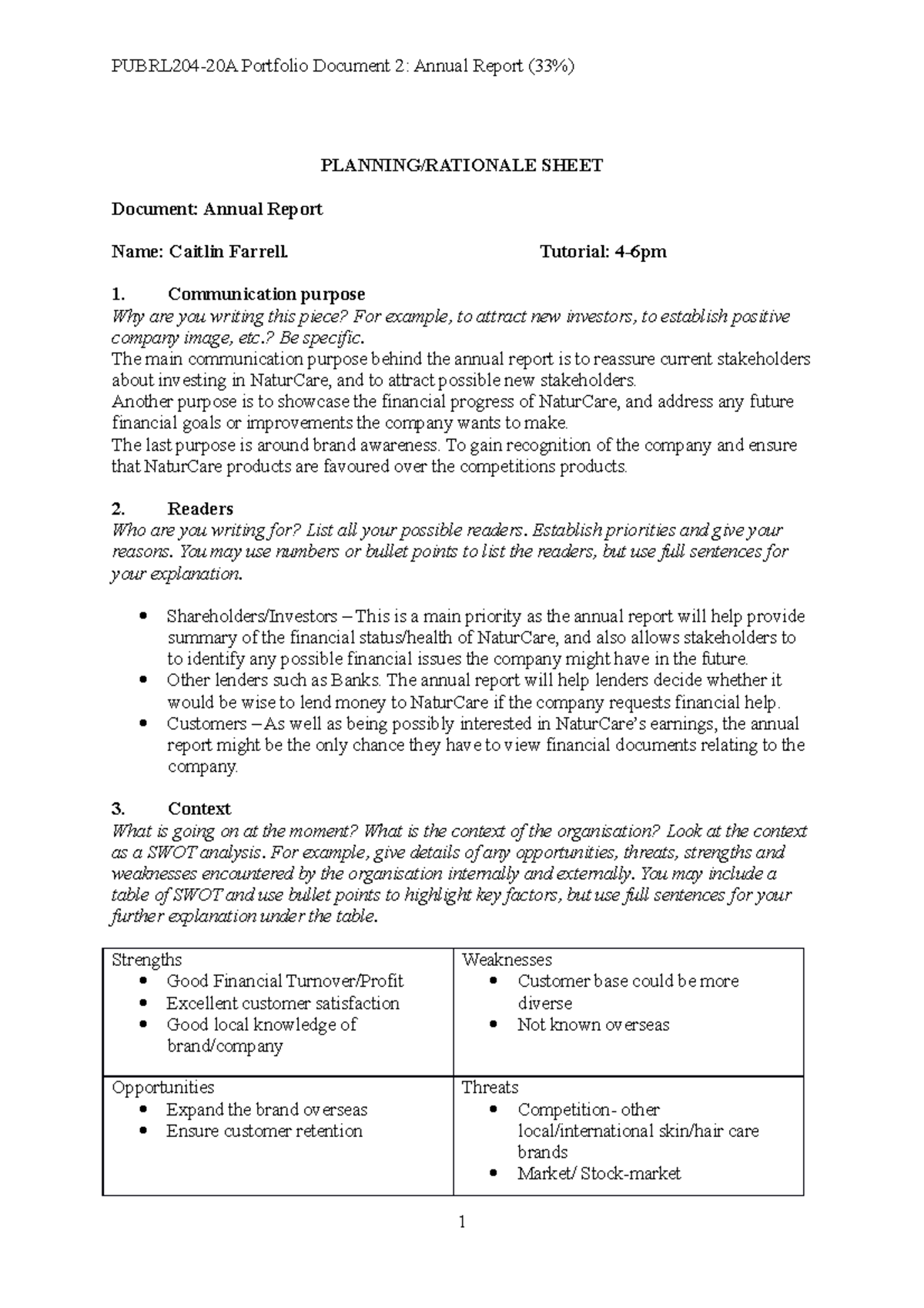 PUBRL204 Portfolio Doc 2 Annual Report - PLANNING/RATIONALE SHEET ...