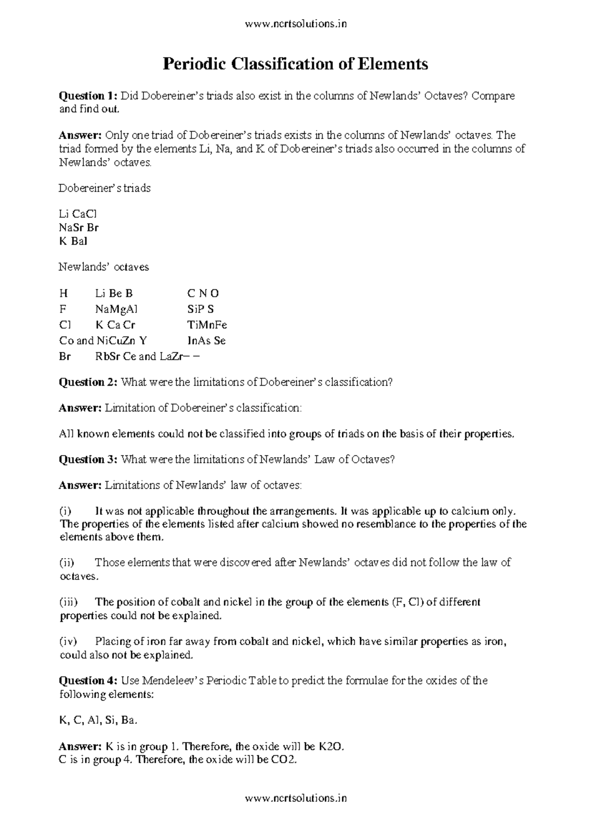 Periodic Classification of element - ncrtsolutions ncrtsolutions ...