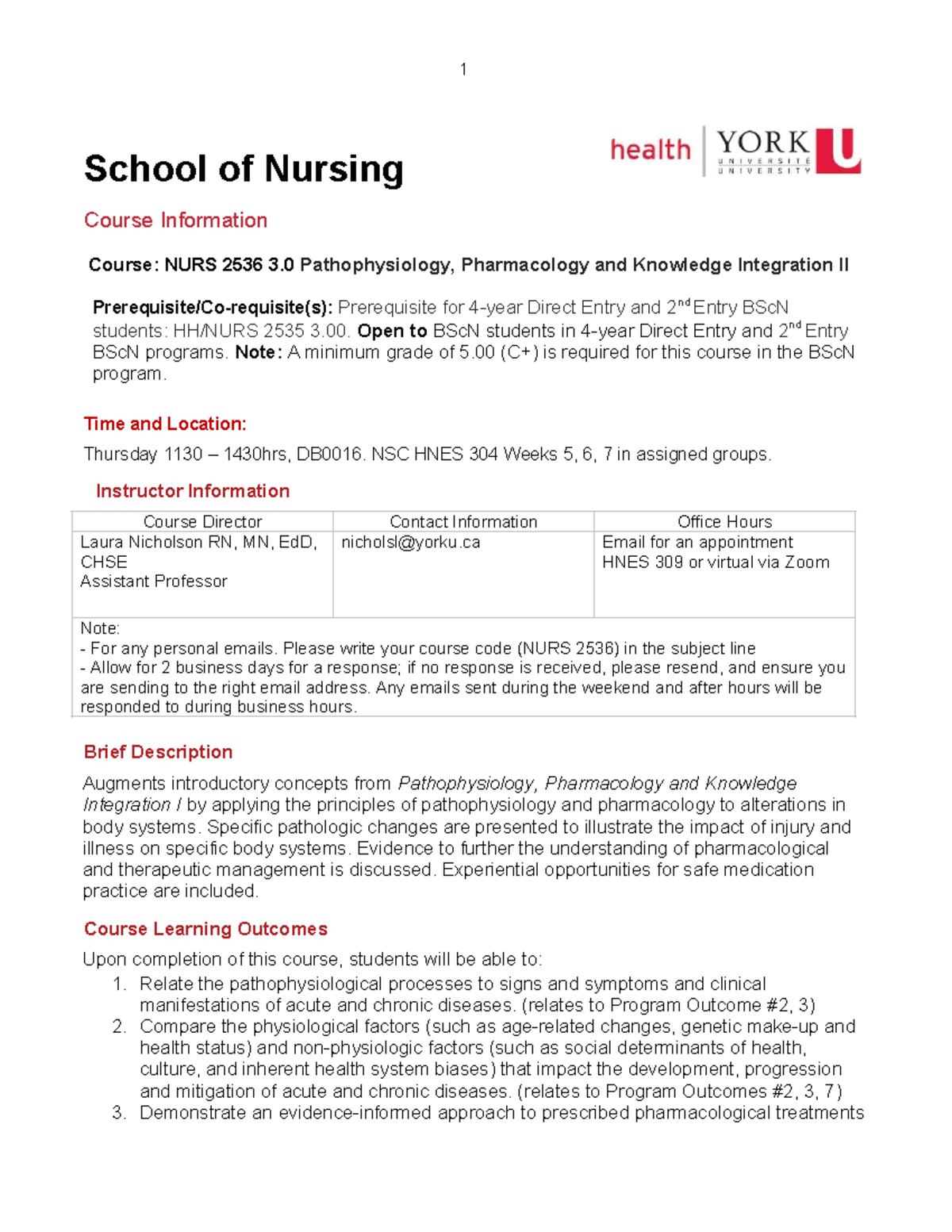 NURS 2536 Course Outline SU24 - School of Nursing Course Information ...