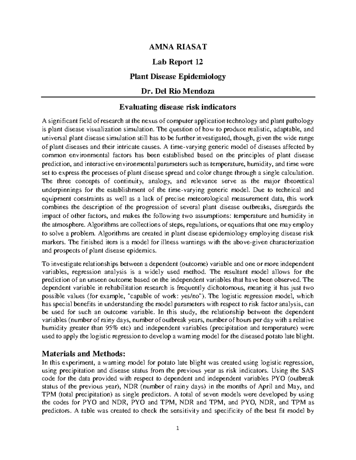 AMNA Riasat-Lab report 12- Epidemiology - AMNA RIASAT Lab Report 12 ...