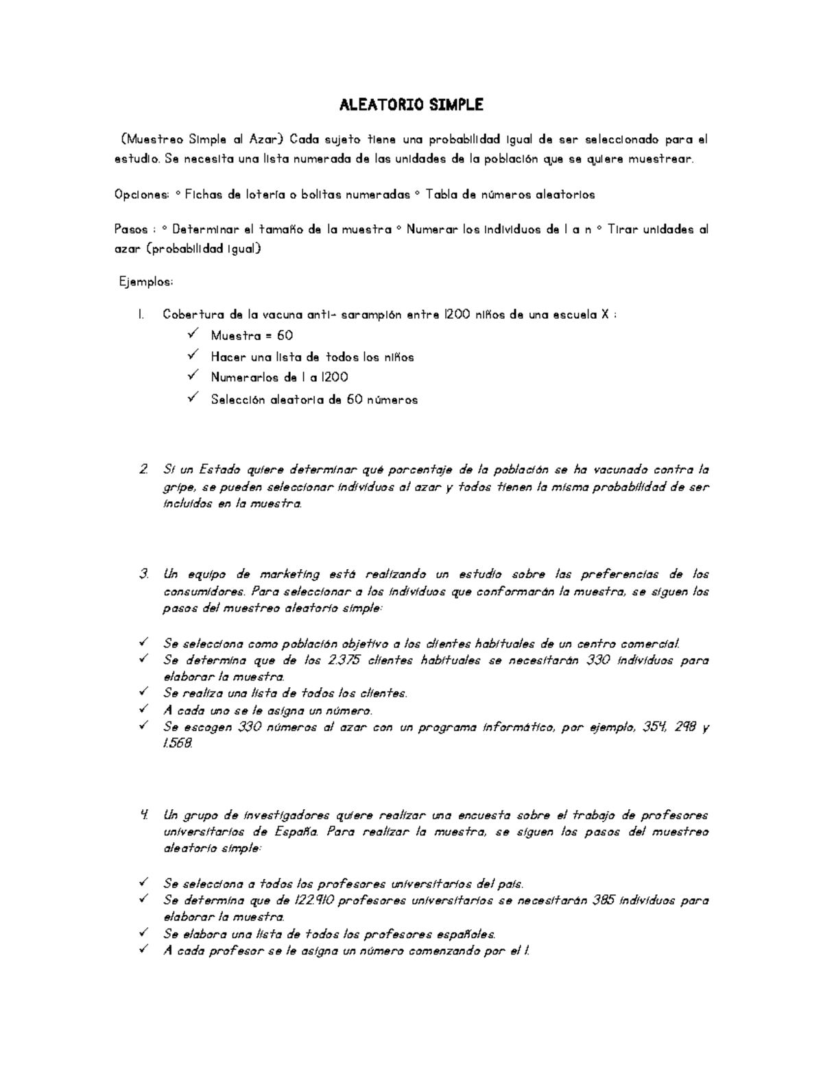 Estadistica 3 - ALEATORIO SIMPLE (Muestreo Simple al Azar) Cada sujeto ...