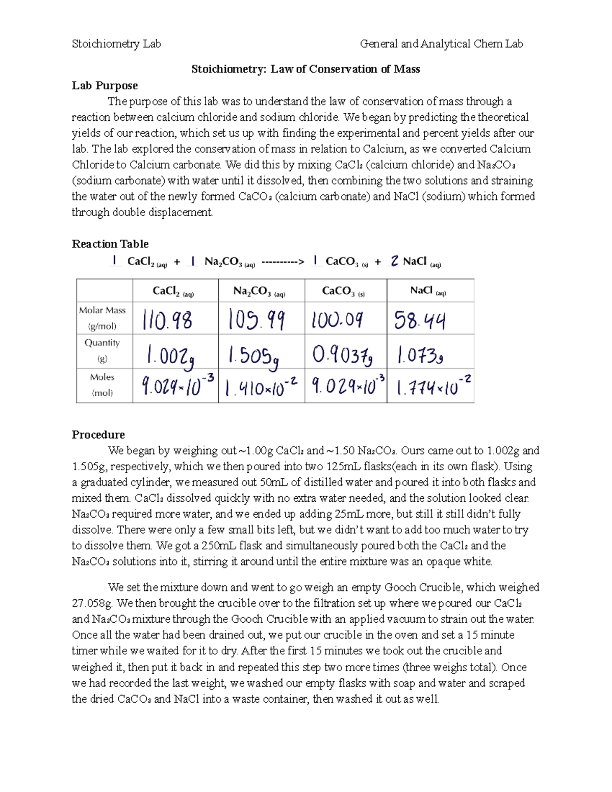 Conservation of Mass Postlab - Stoichiometry Lab General and Analytical ...