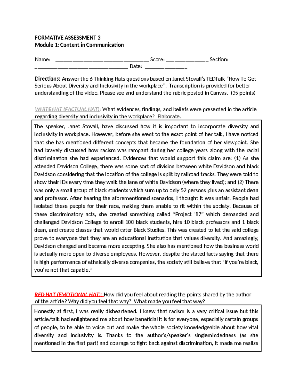 9 Formative Assessment 3 - FORMATIVE ASSESSMENT 3 Module 1: Content in ...