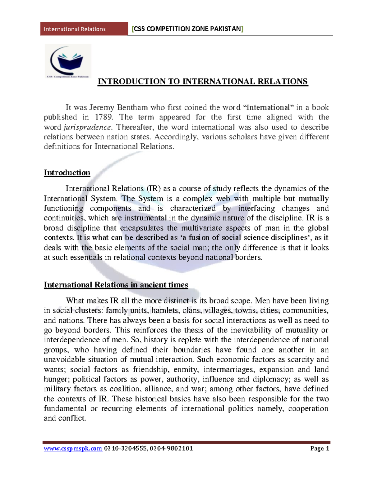 1. Intro TO IR - Short notes - INTRODUCTION TO INTERNATIONAL RELATIONS ...