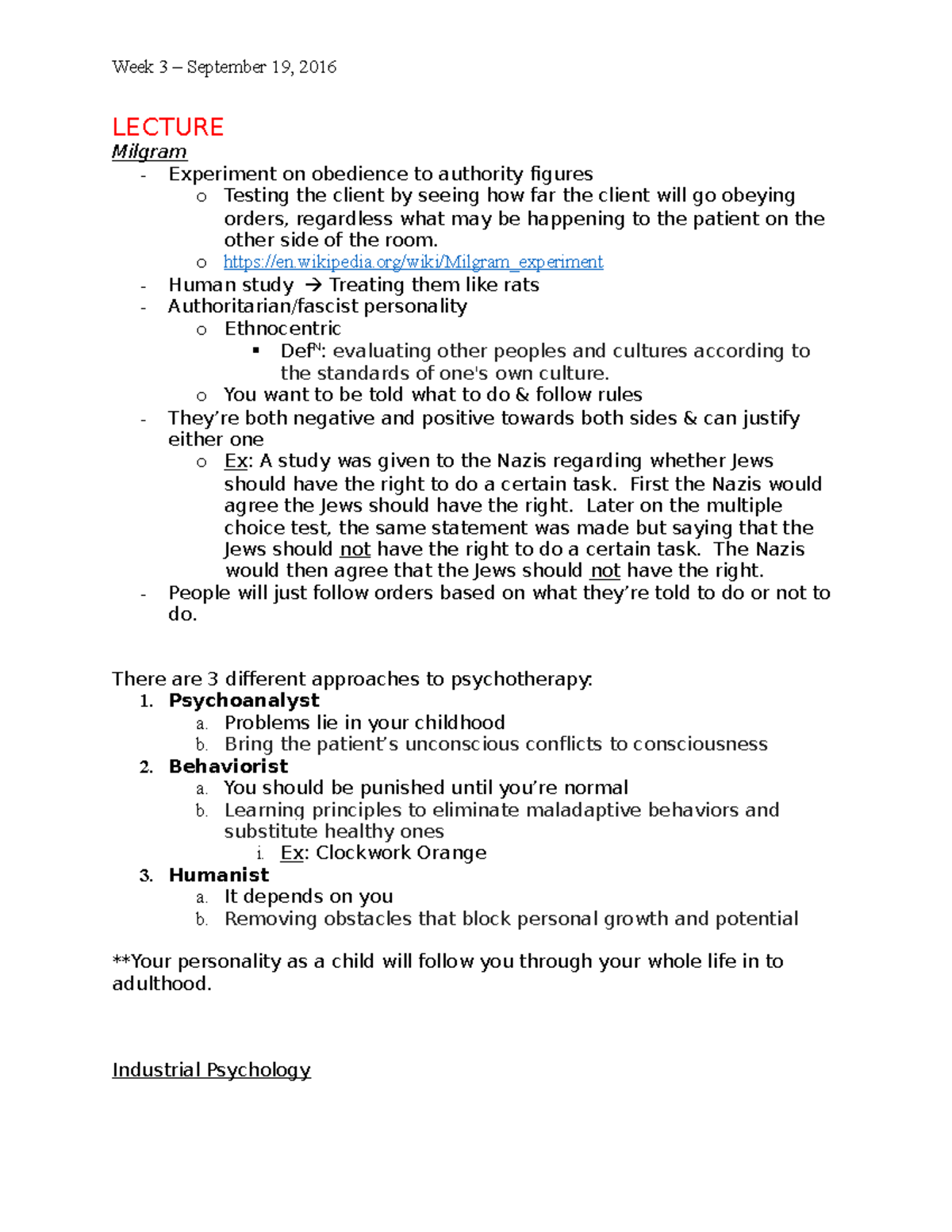 Week3 - Lecture - LECTURE Milgram - Experiment on obedience to ...