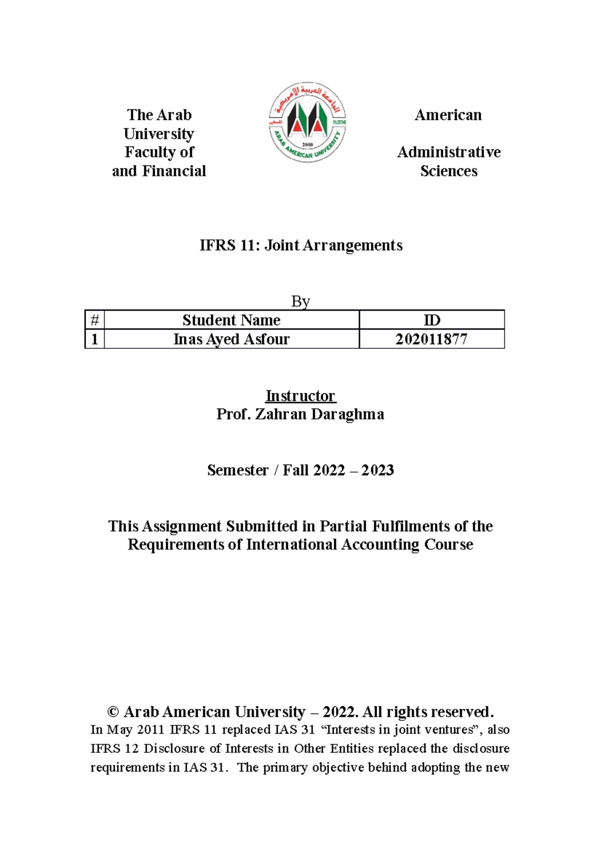 IFRS 11 The Arab American University Faculty Of Administrative And
