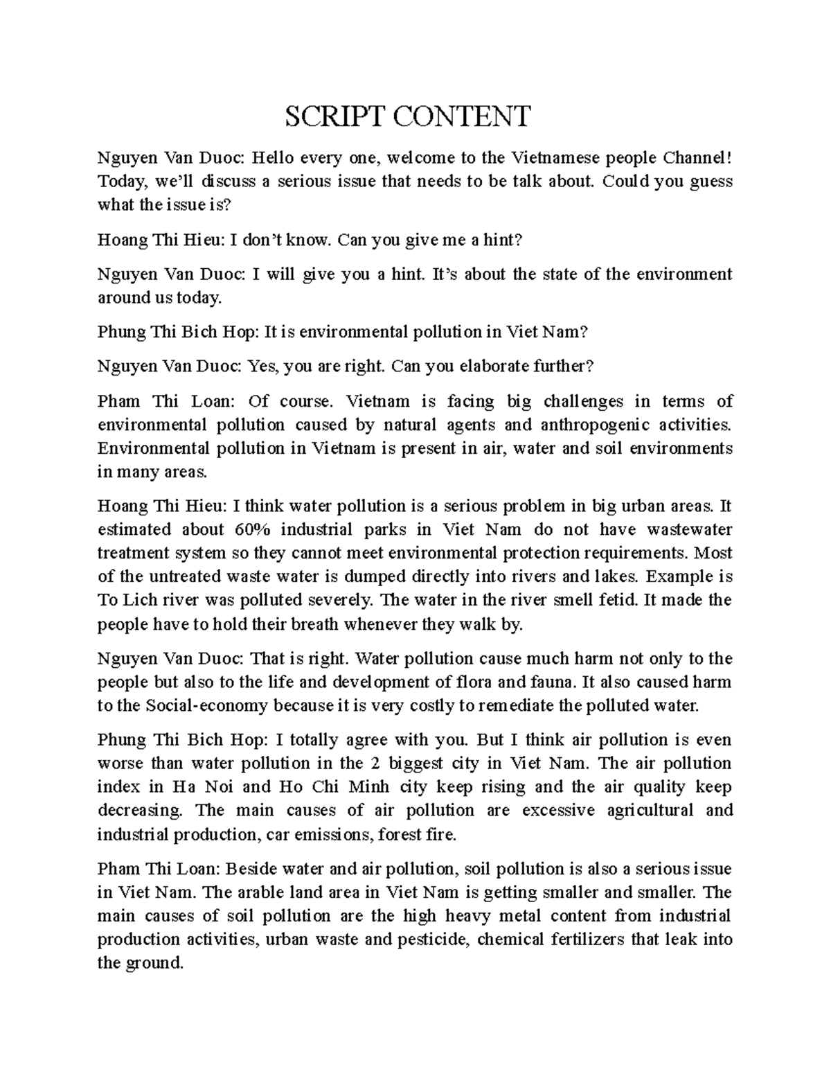 Script Content eng 2 - Anh 2 - SCRIPT CONTENT Nguyen Van Duoc: Hello ...