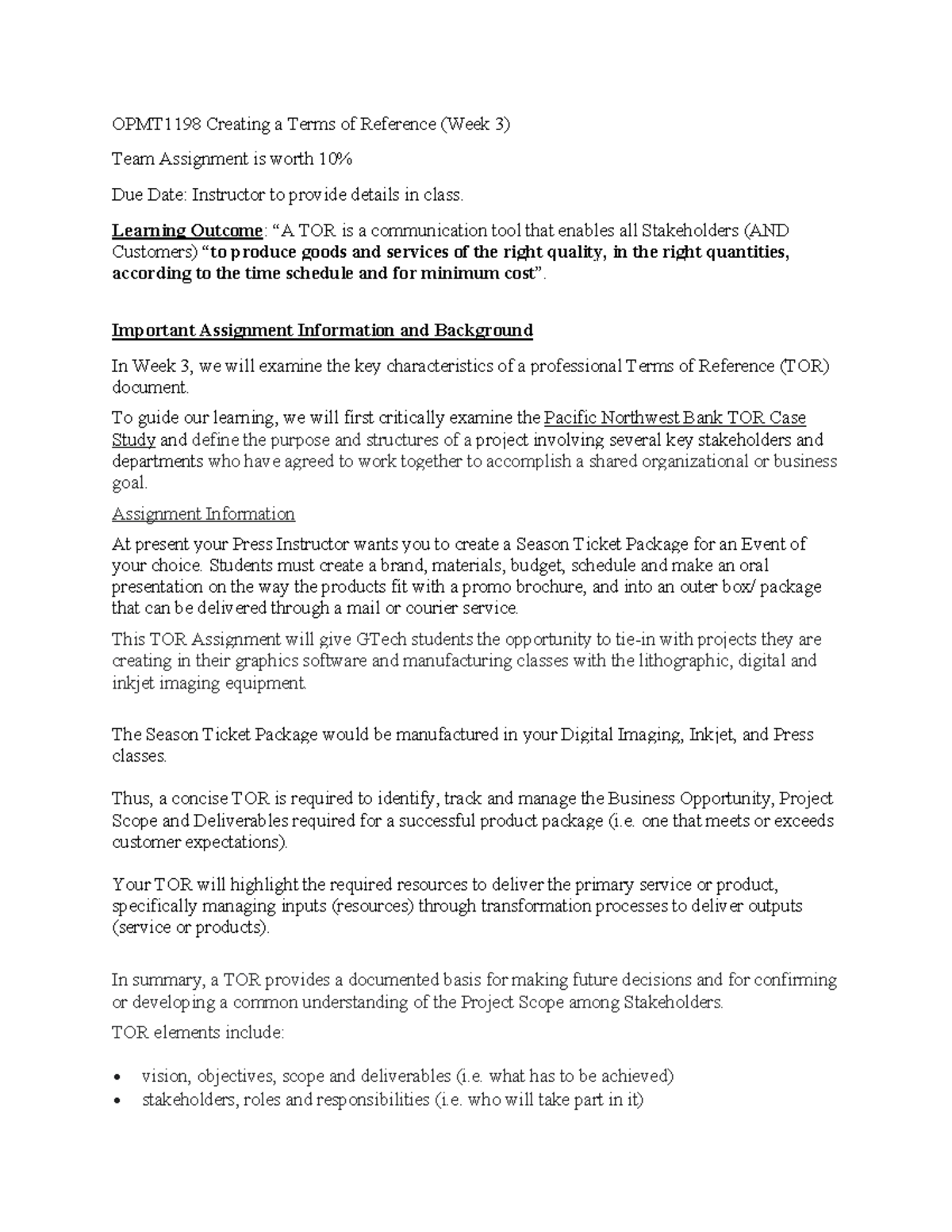 OPMT1198 Creating TOR Student Info Sheet - OPMT1198 Creating a Terms of ...