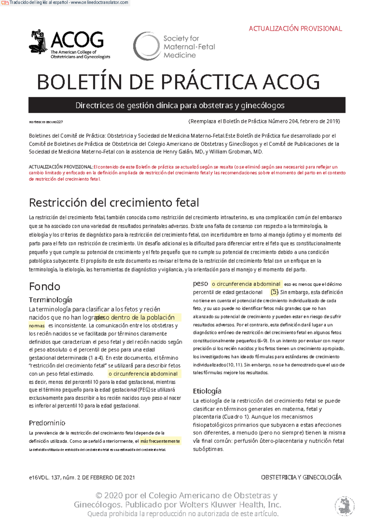ACOG - ACOG - ACTUALIZACIÓN PROVISIONAL BOLETÍN DE PRÁCTICA ACOG ...