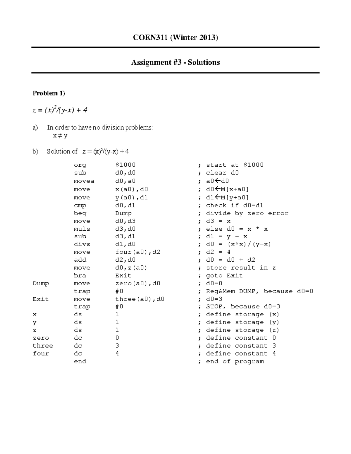 Coen311 - Assignment - COEN311 (Winter 2013) Assignment #3 - Solutions Problem 1) z = (x) 2/(y-x ...