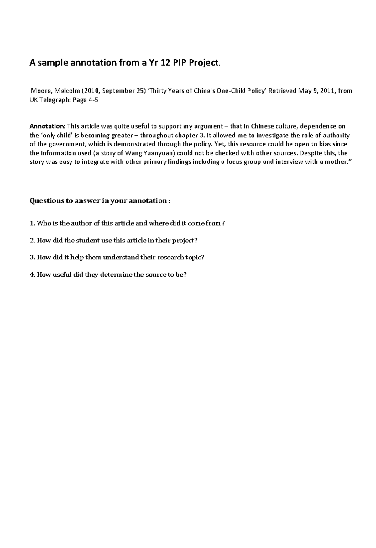 Sample Annotation - A sample annotation from a Yr 12 PIP Project. Moore ...