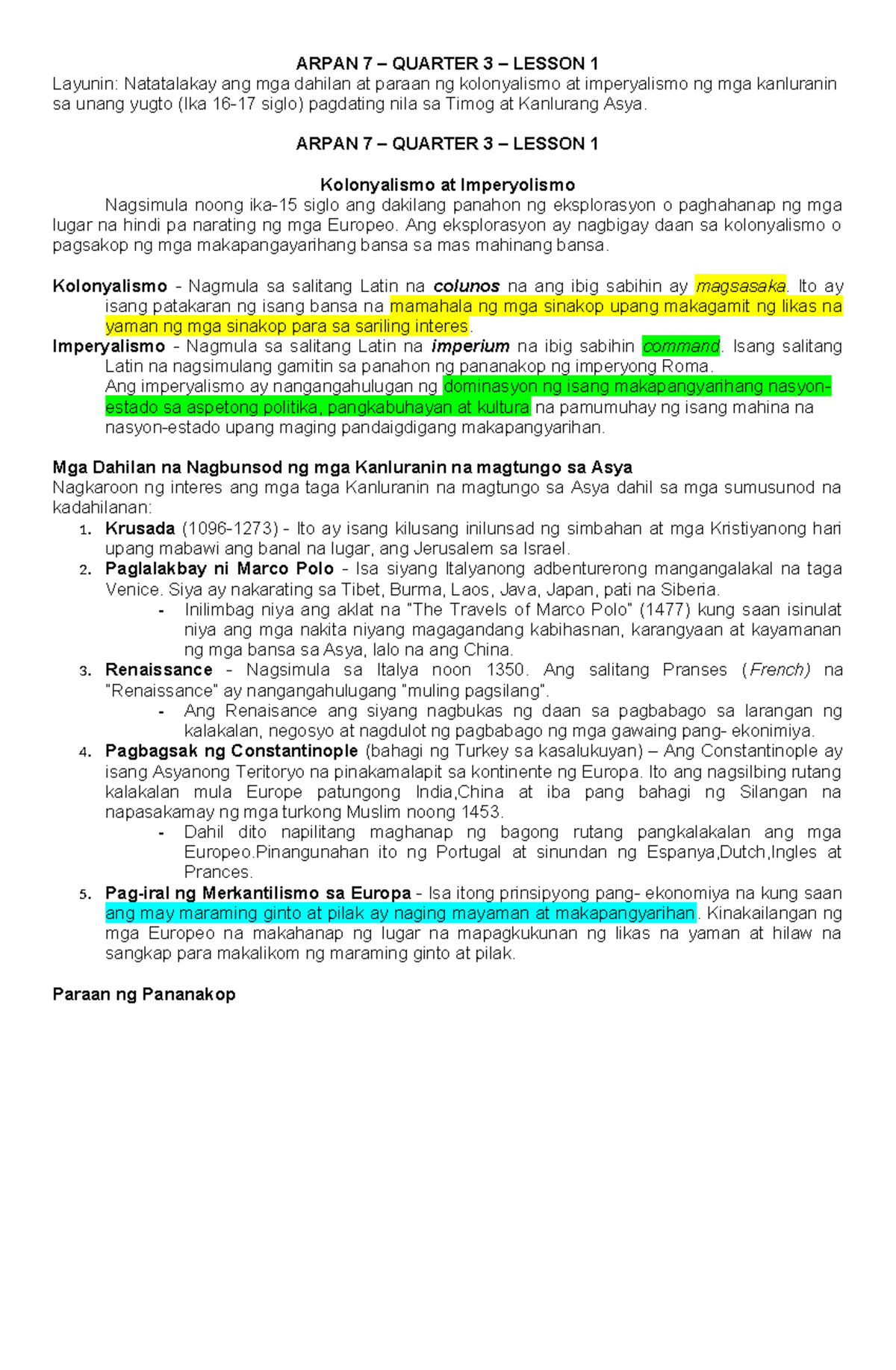 AP7 Q3 Lesson 1 - ARPAN 7 – QUARTER 3 – LESSON 1 Layunin: Natatalakay ...