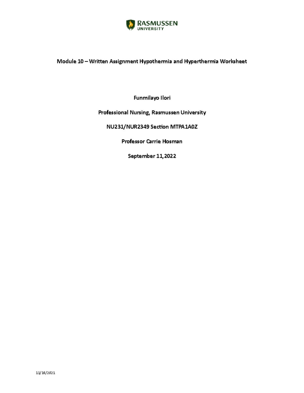 Funmilayo ilori module 10 - Module 10 – Written Assignment Hypothermia ...