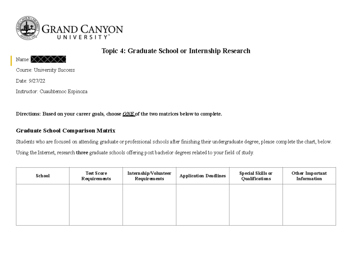 Graduate School or Internship Research - Topic 4: Graduate School or ...