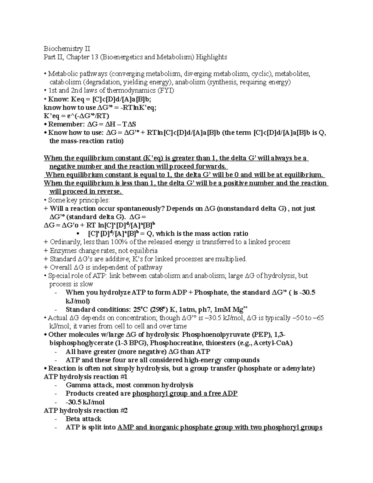Exam 1 Review Biochem II - Biochemistry II Part II, Chapter 13 ...