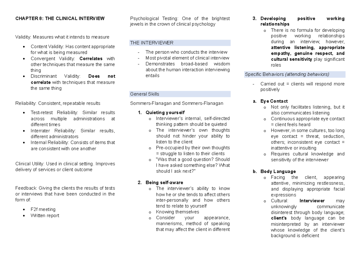 Clinical Psychology 8-10 - CHAPTER 8: THE CLINICAL INTERVIEW Validity ...