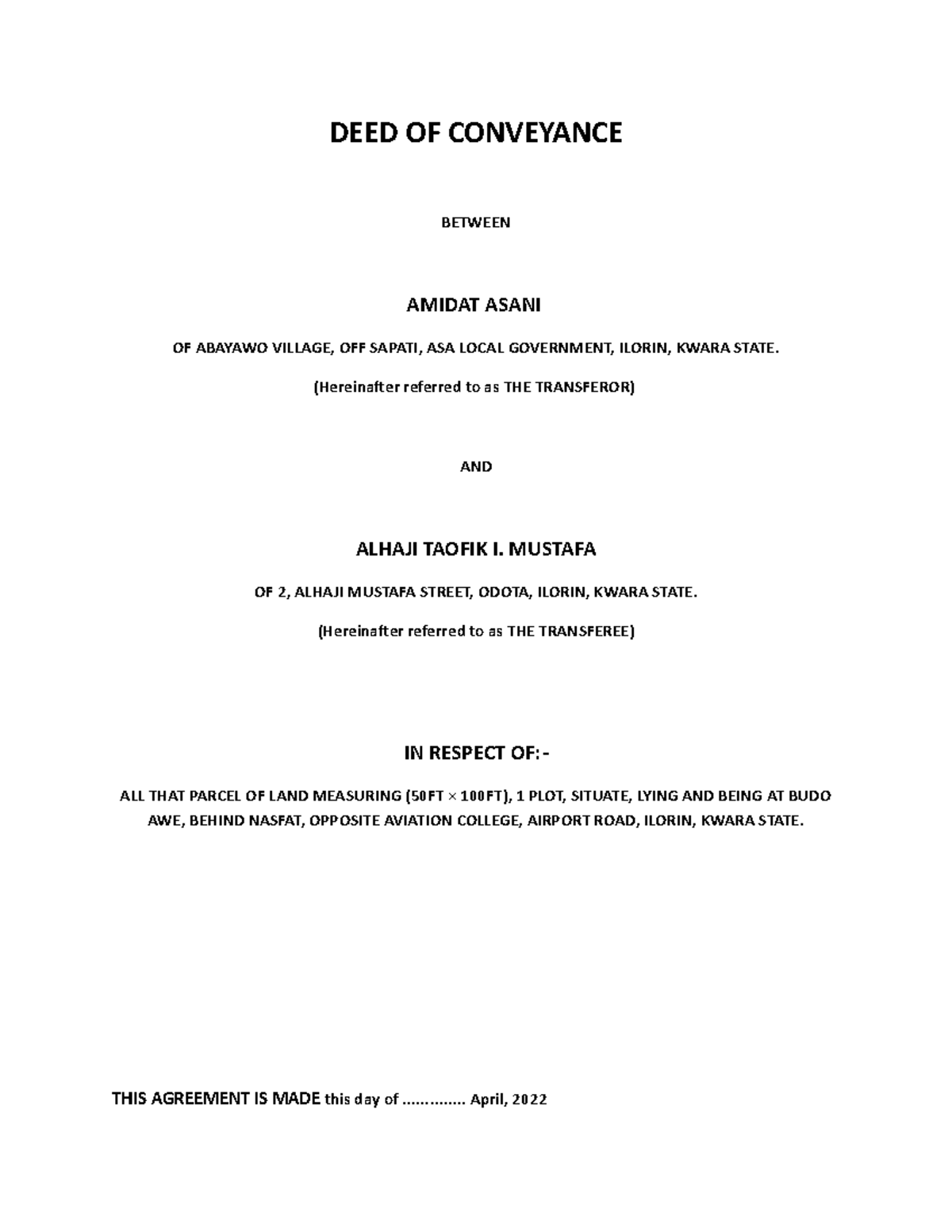 DEED OF Conveya-WPS Office - DEED OF CONVEYANCE BETWEEN AMIDAT ASANI OF ...