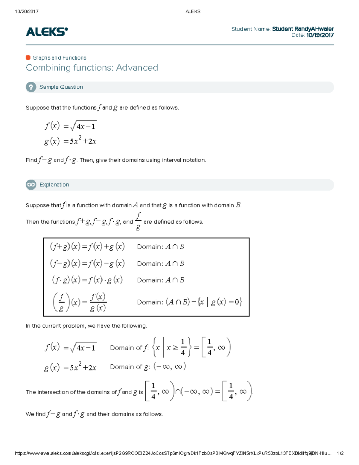 Combining functions Advanced - 10/20/2017 ALEKS - Studocu Combining functions Advanced - 10/20/2017 ALEKS - Studocu