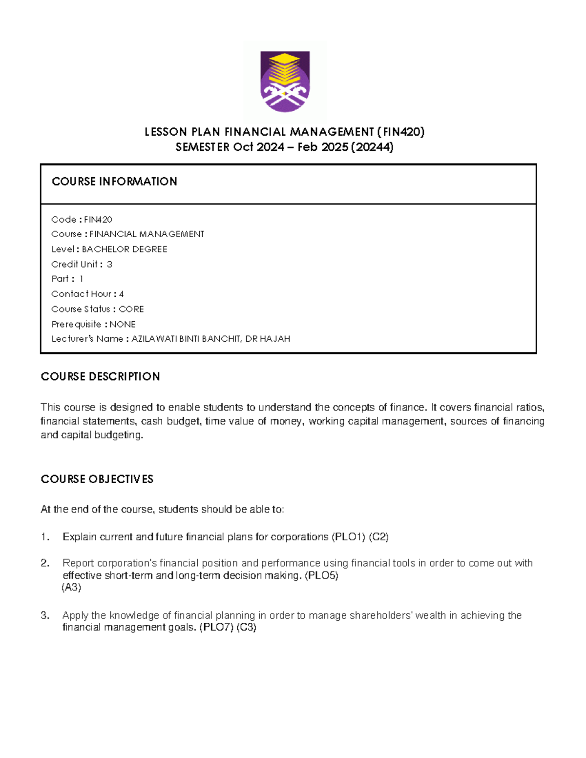 Lesson PLAN SEM Oct2024Feb2025 - LESSON PLAN FINANCIAL MANAGEMENT ...