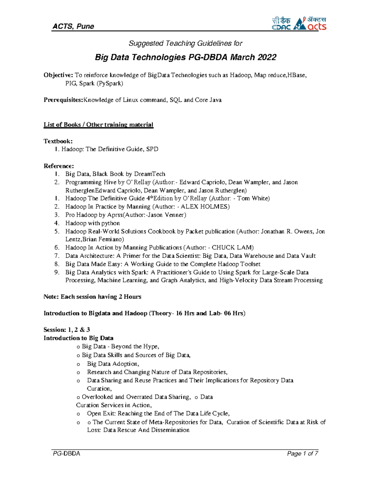 Big Data Technologies None Suggested Teaching Guidelines For Big Data Technologies Pg Dbda