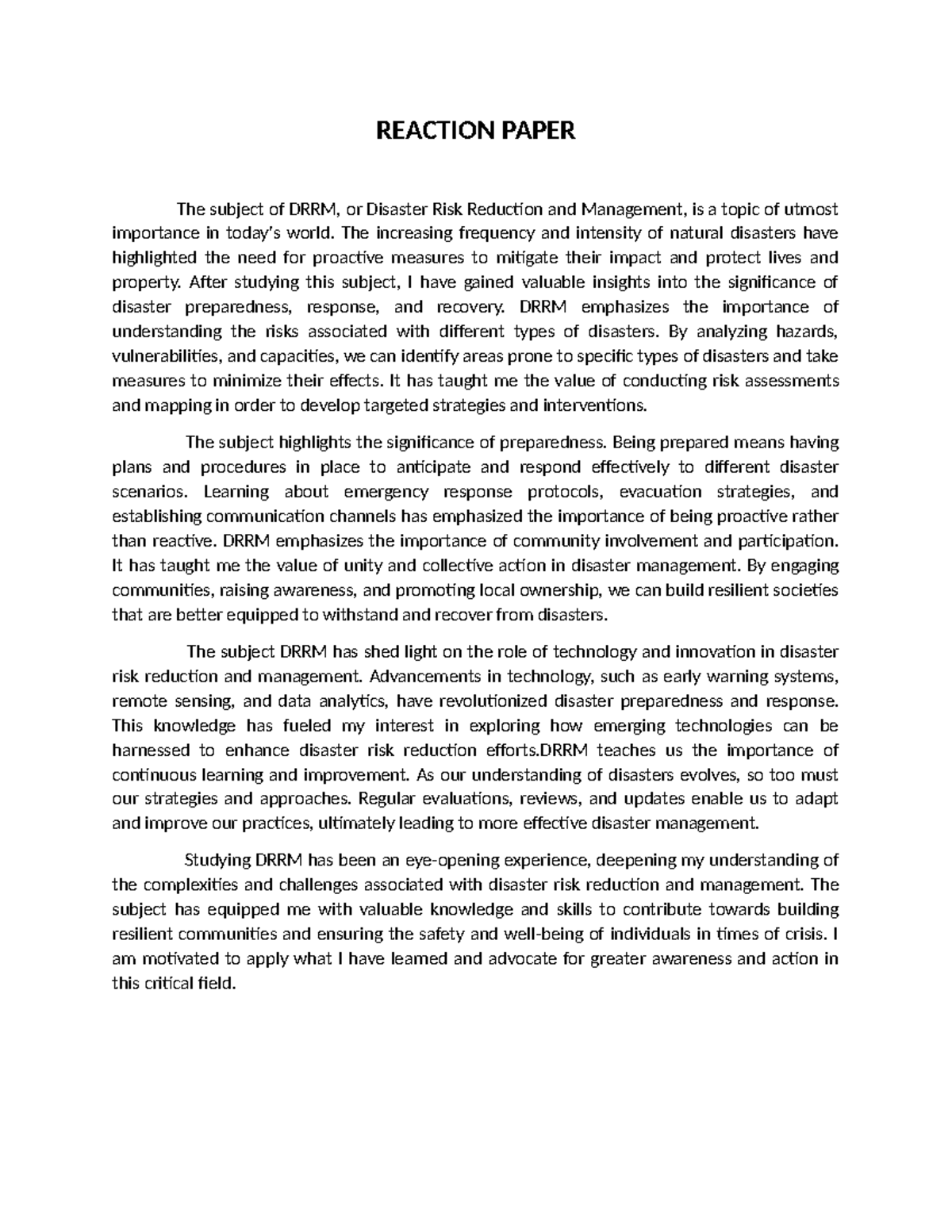 DRRM Reaction Paper - Drrm - REACTION PAPER The subject of DRRM, or ...