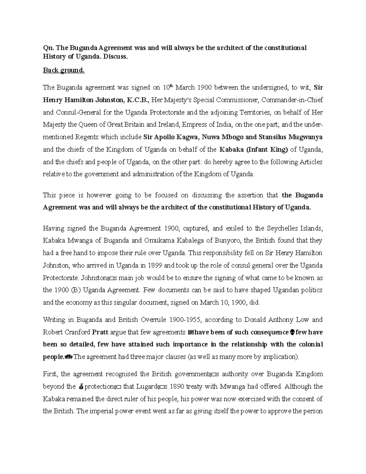 1900 Buganda Agreement - Qn. The Buganda Agreement was and will always ...