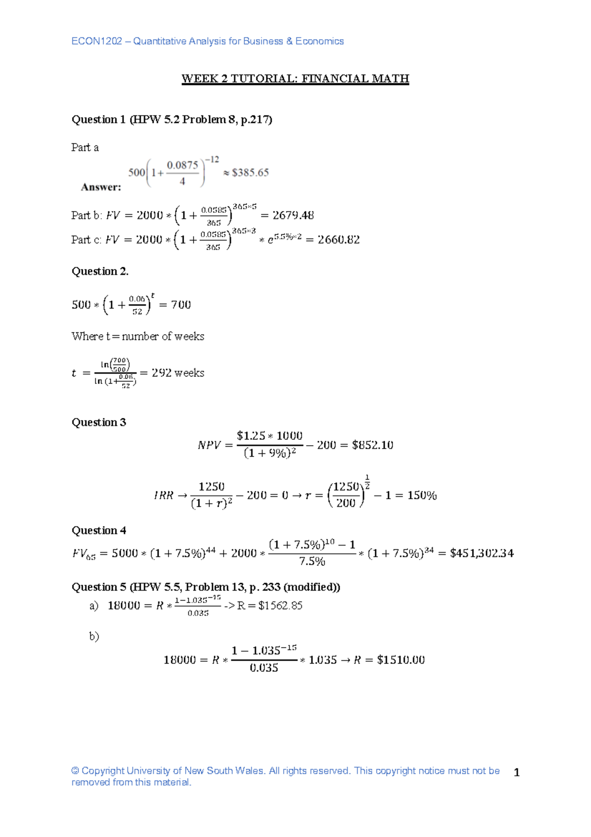 Week 2 Tutorial Solutions - ECON1202 – Quantitative Analysis for Business & Economics © - Studocu